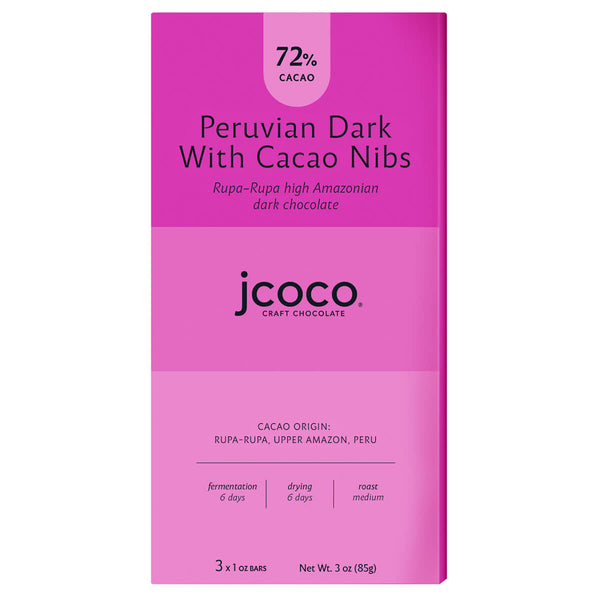 Peruvian Dark Chocolate Bar with Cacao Nibs | jcoco craft chocolate